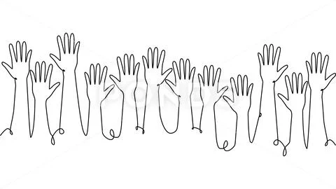 Continuous single line drawing of a group of hands raised up. The ...