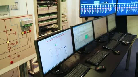 Control room with monitors, scheme, gage... | Stock Video | Pond5