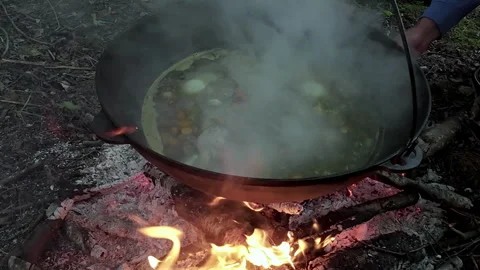 Cooking steaming stew on top of blazing ... | Stock Video | Pond5