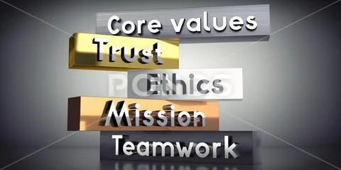Core values, trust, ethics, mission, teamwork - words on metal blocks ...