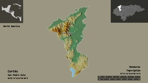 Cortés location. Honduras. Relief map | Stock Video | Pond5