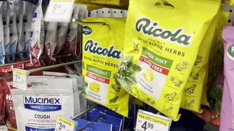Cough drop lozenges section of pharmacy ... | Stock Video | Pond5