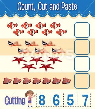 Count, Cut and Paste maths worksheet for children ~ Clip Art #147300039