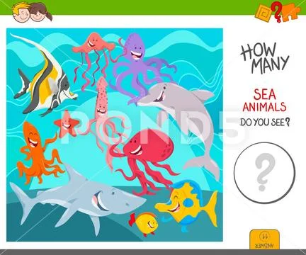 Count the sea animals activity game Cartoon Illustration of Educational ...