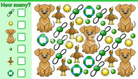 Counting game how many cartoon dog and pet goods Illustration #231727724