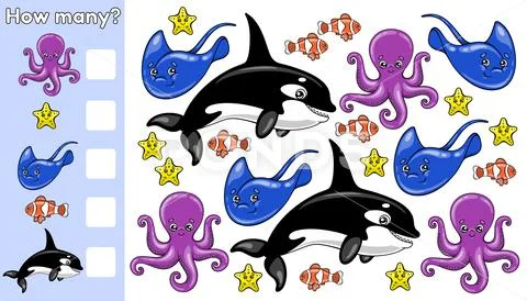 Counting game how many sea animals: Graphic #202227929