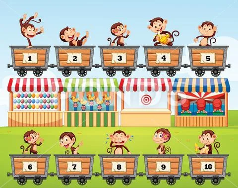 Counting numbers with monkeys in the carts: Royalty Free #122993166