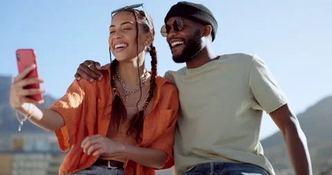 Couple, bonding and phone selfie on city... | Stock Video | Pond5