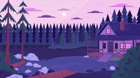 Cozy cabin by lake dusk lo fi animated c... | Stock Video | Pond5