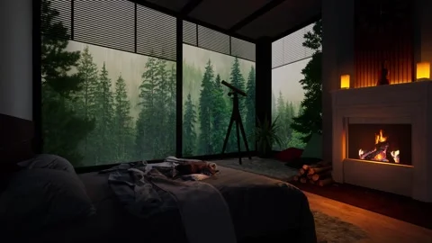 Cozy fireplace in a forest house | Stock Video | Pond5