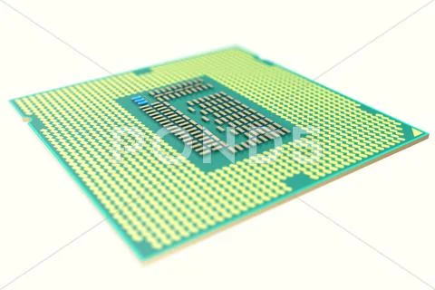 CPU chip, central processor unit, isolated on white with depth of field ...