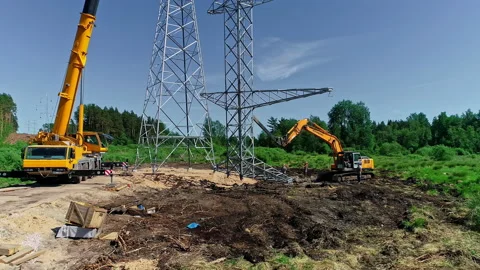 Crane a crew team erecting a electrical ... | Stock Video | Pond5