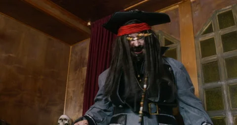 Crazy pirate captain points revolver sta... | Stock Video | Pond5
