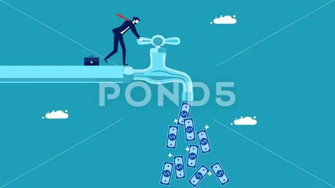 Create a cash flow. A businessman opens a tap with money flowing out ...