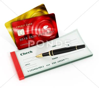 Credit cards, check book and pen isolated on white background. 3D ...