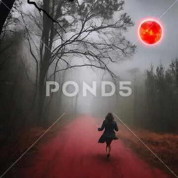 Creepy horror scene AI generated art woman running on dir road red orb ...