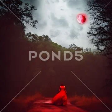 Creepy horror scene AI generated art red and white orb lady in red ...