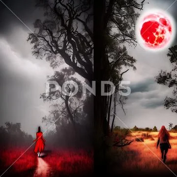 Creepy horror scene AI generated art split screen woman on path tree ...
