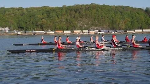 Crew Boats rowing with freight train in ... | Stock Video | Pond5