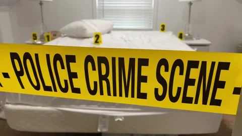 Crime scene tape in bedroom with evidenc... | Stock Video | Pond5