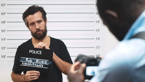 Criminal stand on measuring scale backgr... | Stock Video | Pond5
