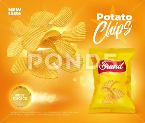 Crispy ripple potato chips and realistic package Illustration #170349552
