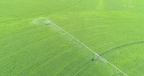 crop getting watered by a large sprinkle... | Stock Video | Pond5