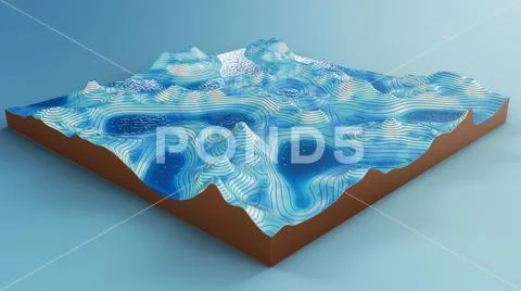Cross section topographic 3D map with water. Contour lines on a ...