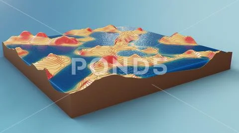 Cross section topographic 3D map with water. Contour lines on a ...