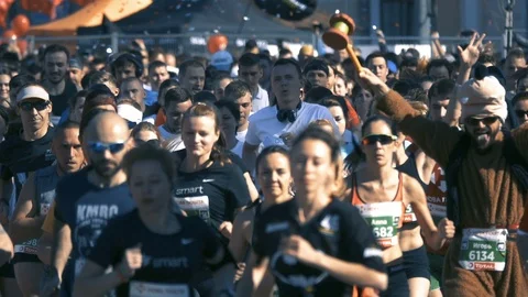 Crowd of people running marathon in slow... | Stock Video | Pond5