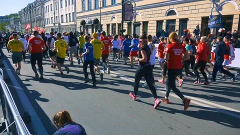 Crowd of people running marathon in slow... | Stock Video | Pond5