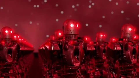 Crowd of robots with red eyes standing u... | Stock Video | Pond5