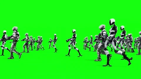 a crowd of walking robots with weapons. ... | Stock Video | Pond5