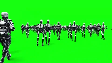 a crowd of walking robots with weapons. ... | Stock Video | Pond5