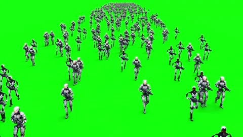a crowd of walking robots with weapons. ... | Stock Video | Pond5