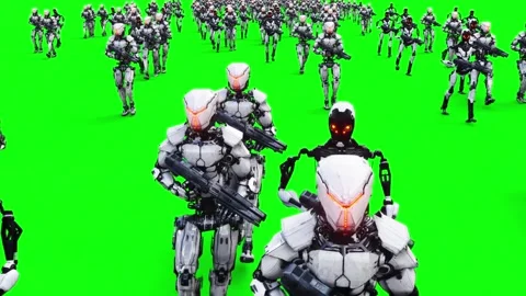 a crowd of walking robots with weapons. ... | Stock Video | Pond5