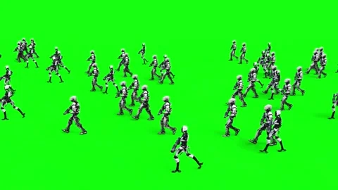 a crowd of walking robots with weapons. ... | Stock Video | Pond5
