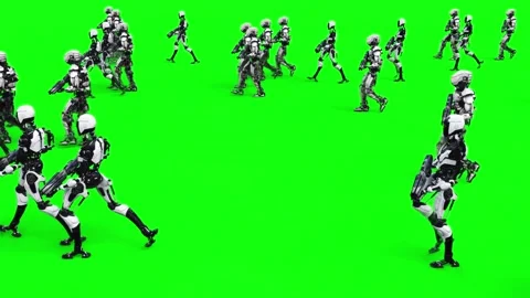 a crowd of walking robots with weapons. ... | Stock Video | Pond5