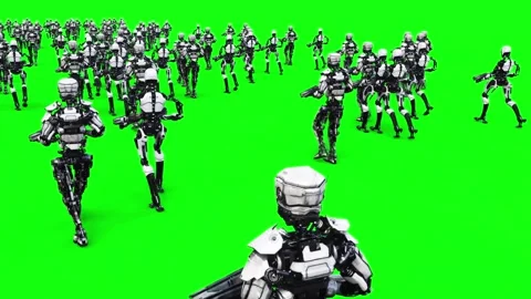 a crowd of walking robots with weapons. ... | Stock Video | Pond5