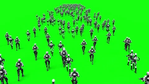 a crowd of walking robots with weapons. ... | Stock Video | Pond5
