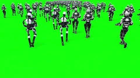 a crowd of walking robots with weapons. ... | Stock Video | Pond5
