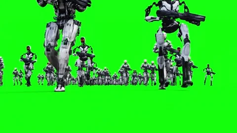 a crowd of walking robots with weapons. ... | Stock Video | Pond5