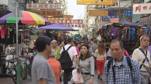 Crowded market, street view in Hong Kong... | Stock Video | Pond5