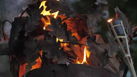 Crown on a pillar with fire. Midsummer b... | Stock Video | Pond5