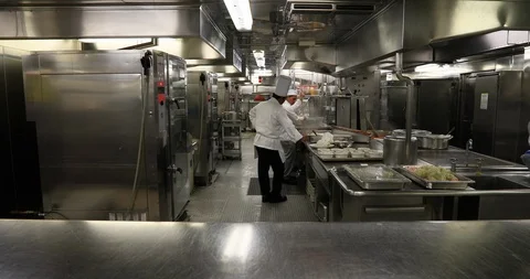 Cruise ship kitchen galley chef staff so... | Stock Video | Pond5