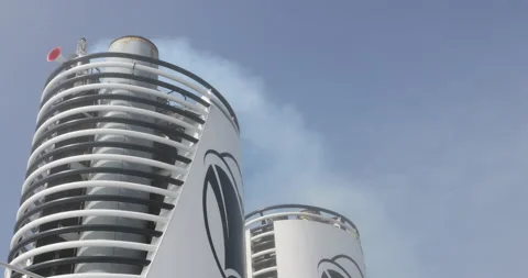Cruise ship smoke stacks steam pollution... | Stock Video | Pond5
