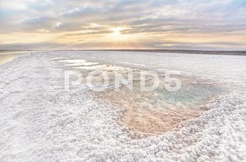 Photograph: Crystalline white salt beach lit by morning sun, small ...