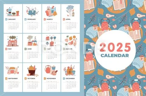 Cute and cozy 2025 calendar template with hand drawn four seasons ...