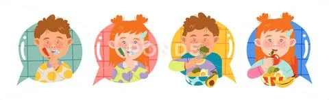 Cute Boy and Girl Daily Routine and Schedule Vector Set Illustration ...