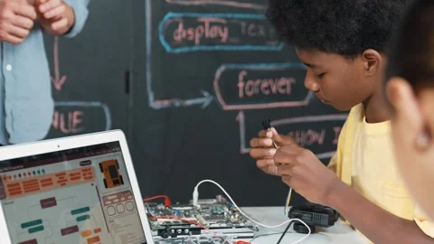 Cute boy learning to use electronic tool... | Stock Video | Pond5